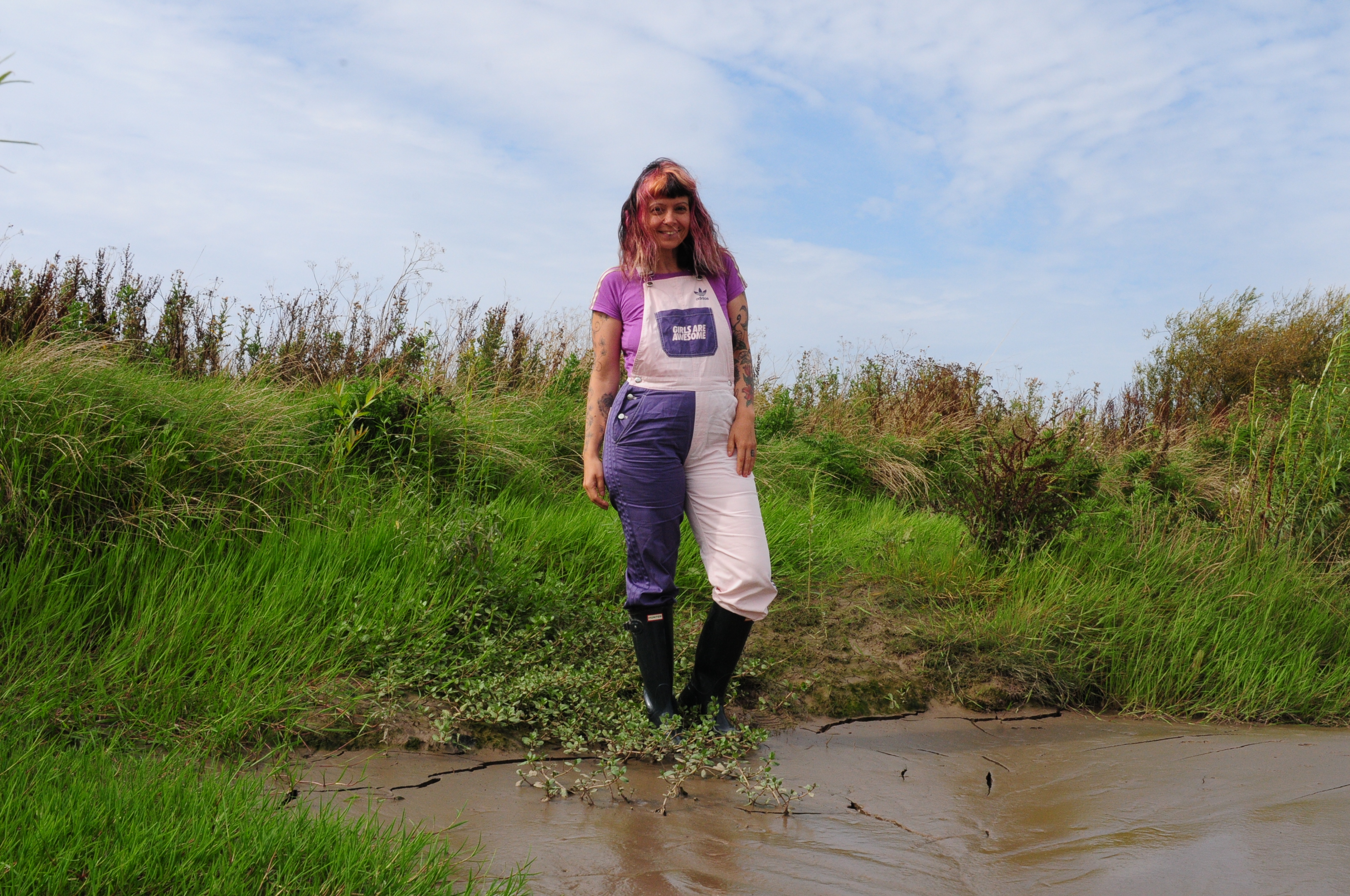 Girls Are Great Mud Wallow! - Isabeau wears pink and purple dungarees ...